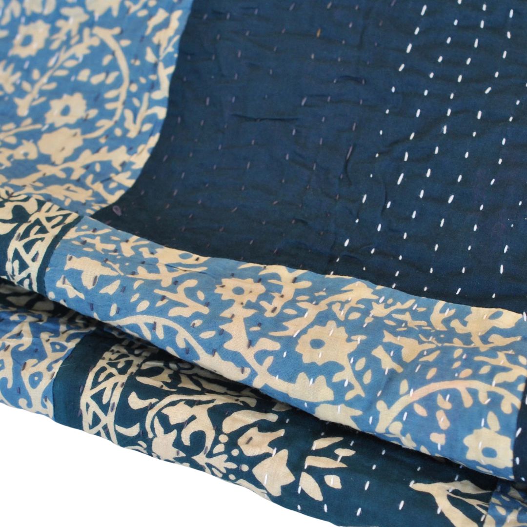Holistic Needlecraft Kantha Indigo Patchwork with Blue and White Stitc ...